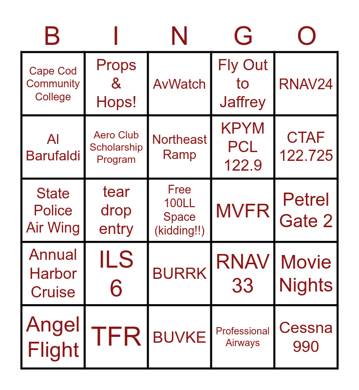 Plymouth Airport Bingo Card