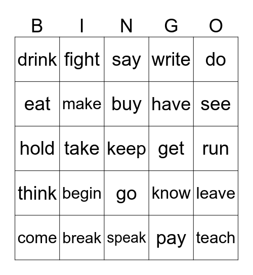 Irregular Verbs Bingo Card
