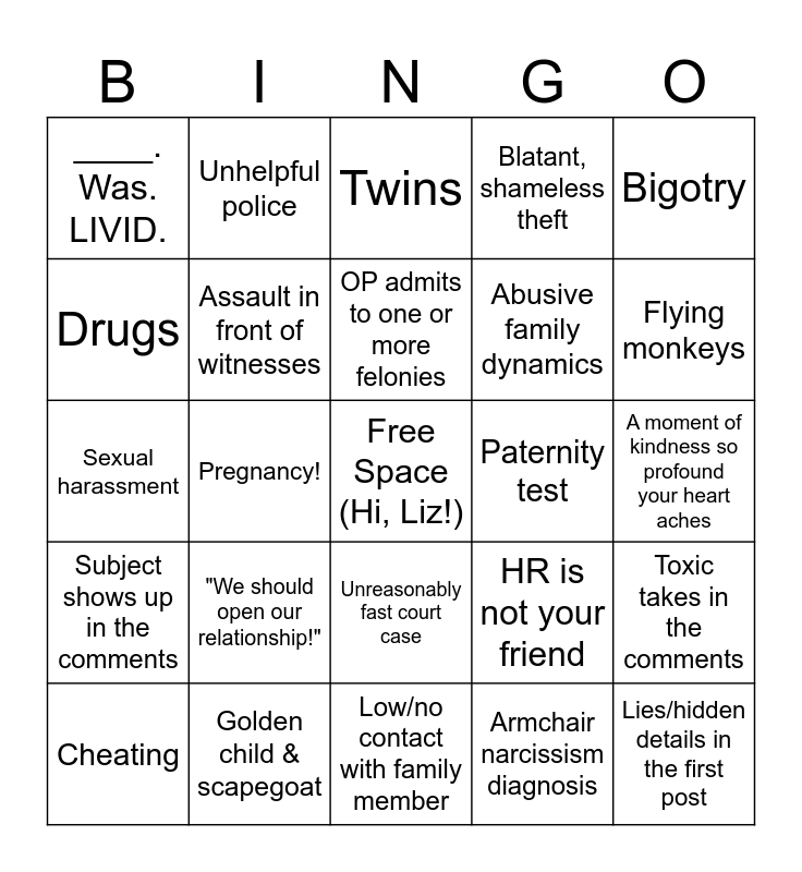 Reddit Story Bingo Card