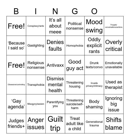 Insane Parent/s Bingo Card