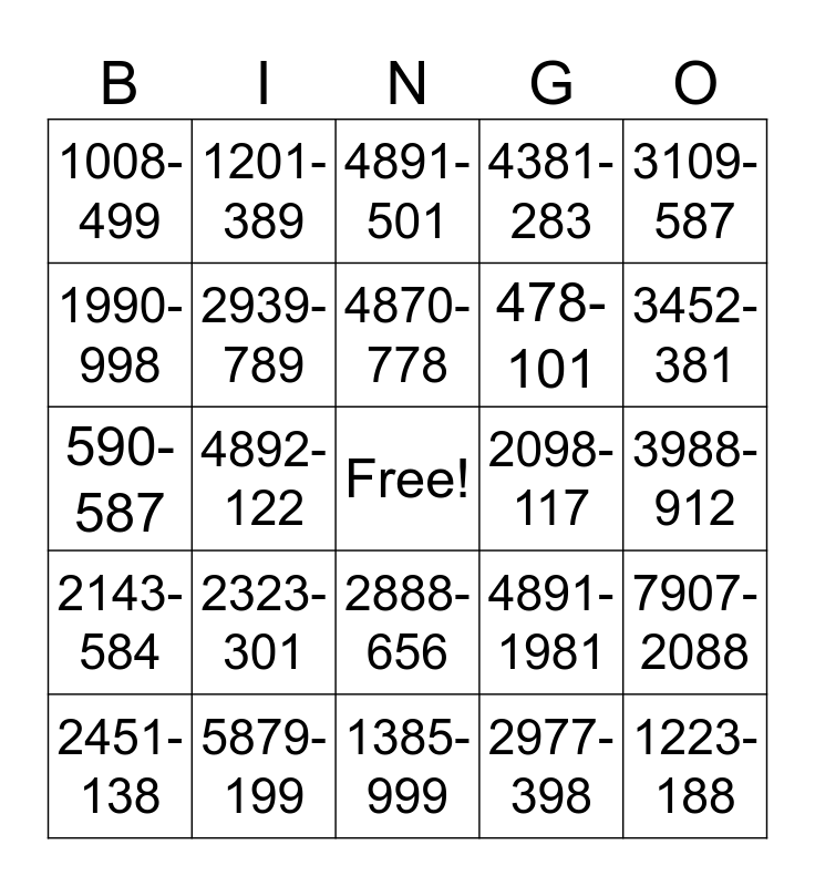 Estimated Difference Bingo Card