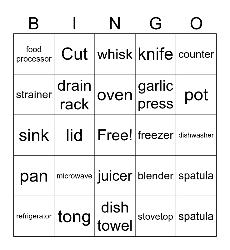 In the Kitchen Bingo Card