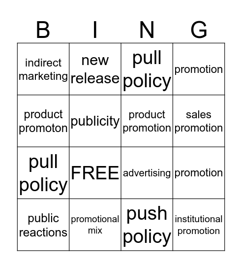 promotion and promotional mix Bingo Card