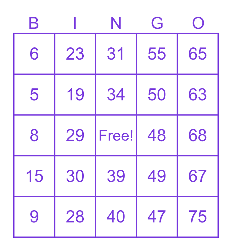 Number Bingo 1-75 Bingo Card