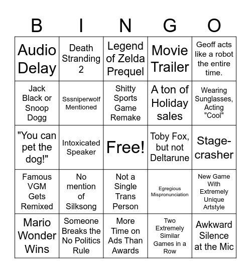 Game Awards Prediction Bingo Card
