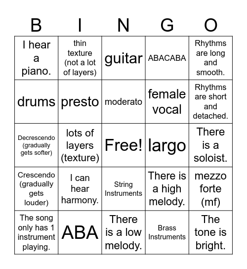 Elements of Music Bingo Card