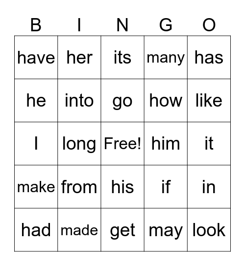 Fry's List 101 - 200 Bingo Card