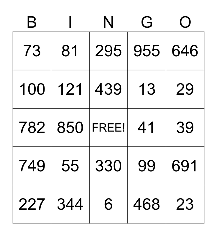 Numbers 1-1000 Bingo Card