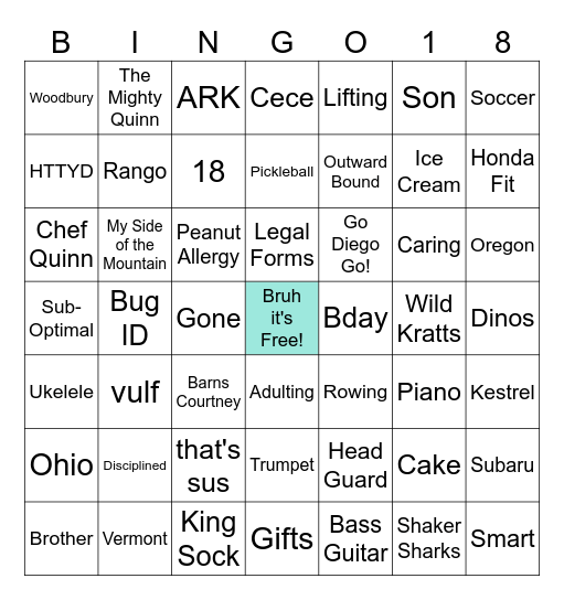 18th Birthday Bingo Card