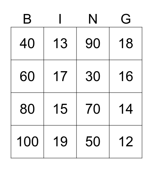 Numbers (teen + ty) Bingo Card