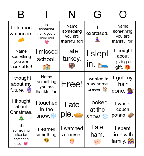 Fall Break Bingo Card