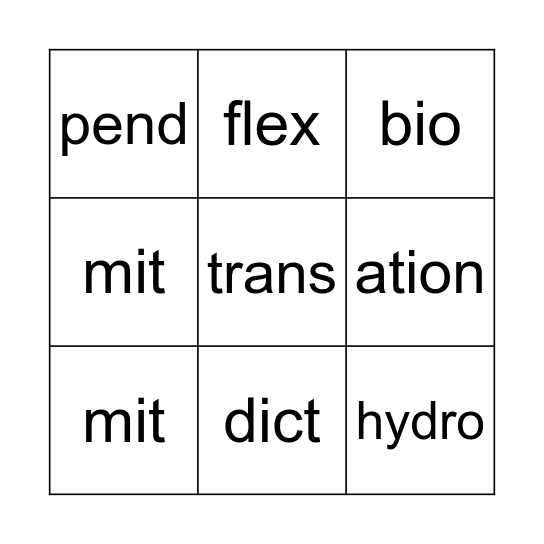 Morpheme Bingo 1 Bingo Card
