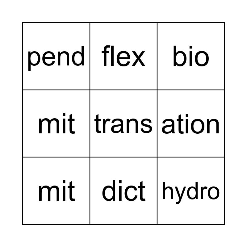 Morpheme Bingo 1 Bingo Card