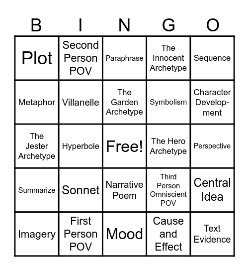 ELA Review Bingo Card