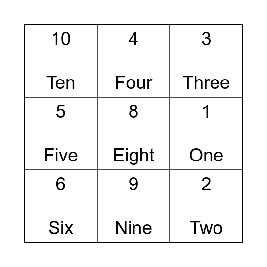 Numbers 1-10 Bingo Card
