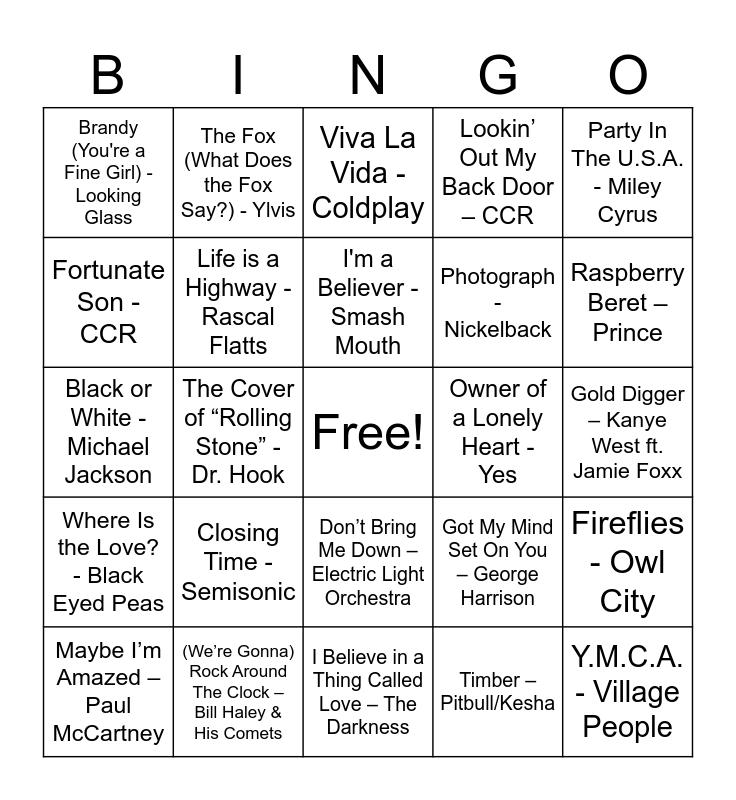 MUSIC BINGO #10 (BLACKOUT) Bingo Card