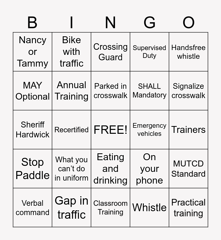School Crossing Guard Bingo Card