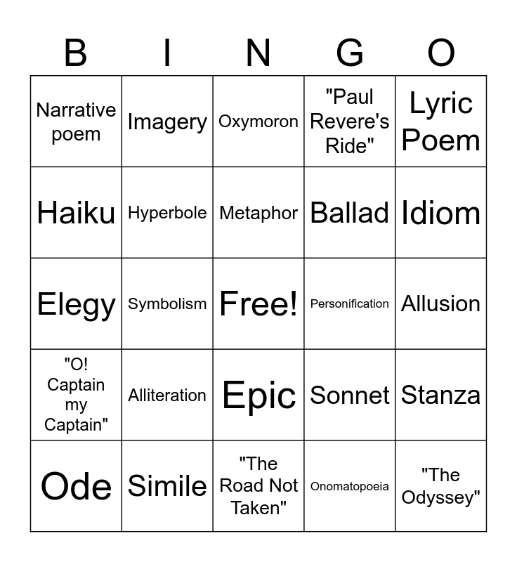 Poetry Bingo Card