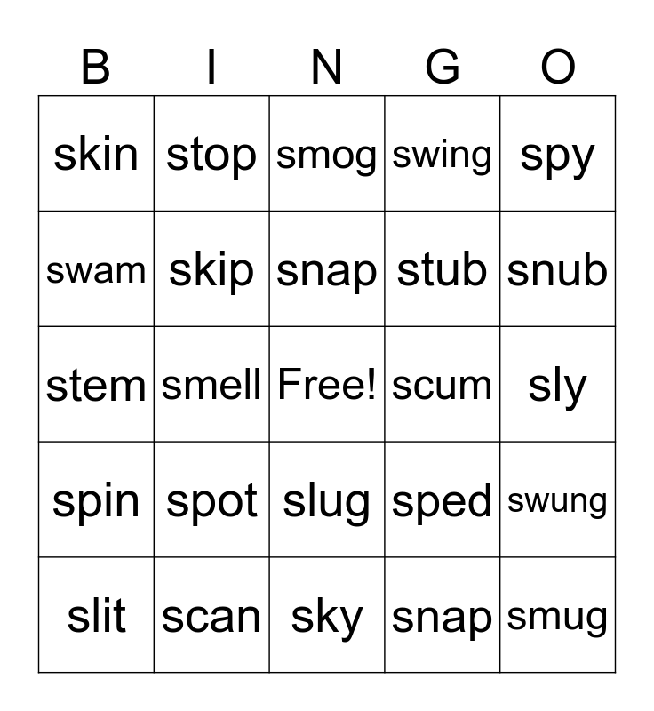S Blend Short Vowels Bingo Card