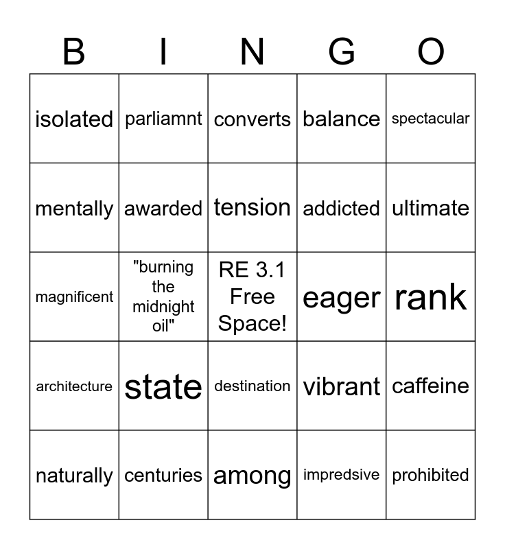 RE3.1 VOCABULARY Units 5-6 Bingo Card