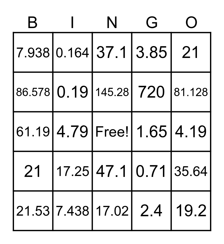 Decimal Review Bingo Card
