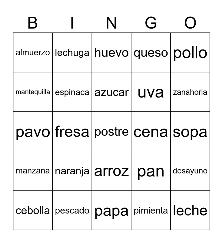La comida Bingo Card