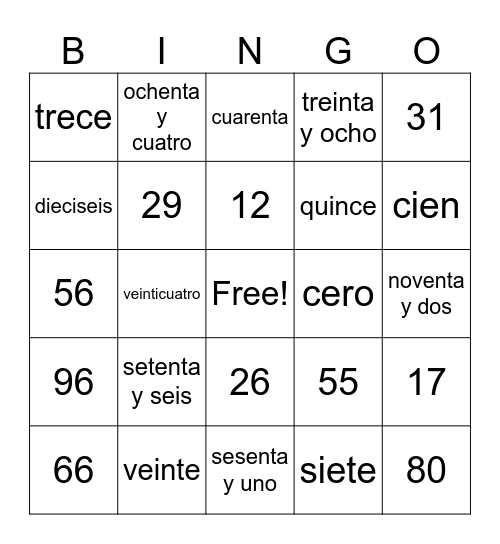 Spanish Number Bingo Card