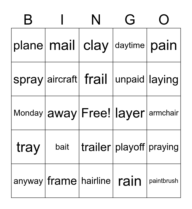 Long A (ai, ay) Bingo Card