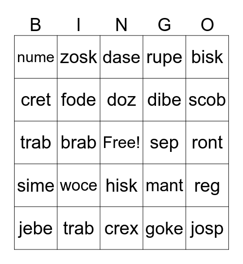 Nonsense Word Bingo #2 Bingo Card