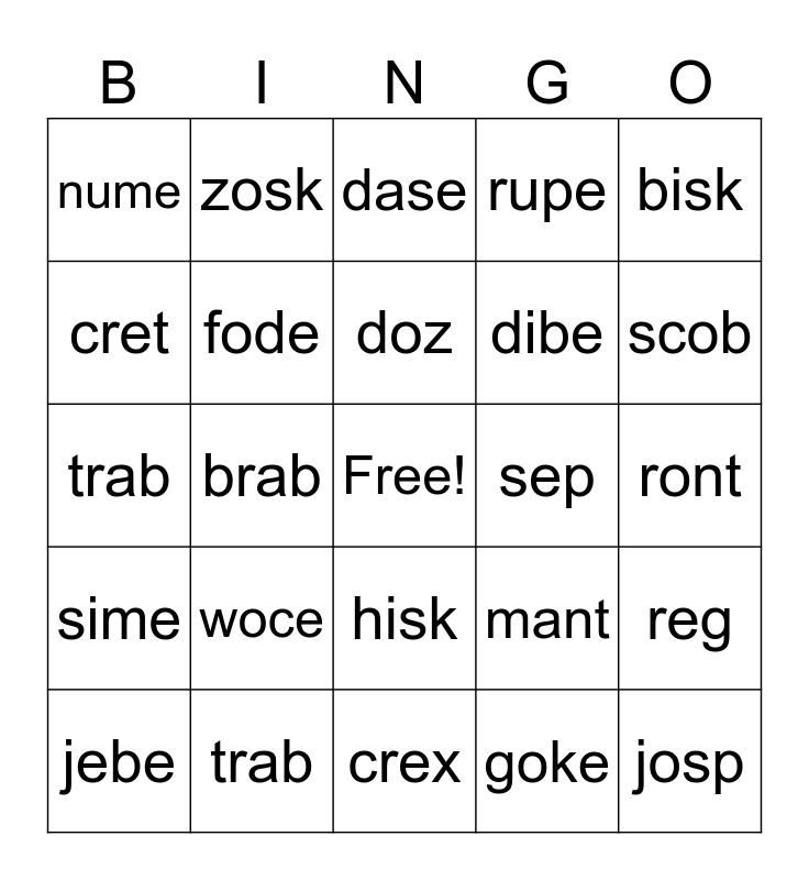 Nonsense Word Bingo #2 Bingo Card