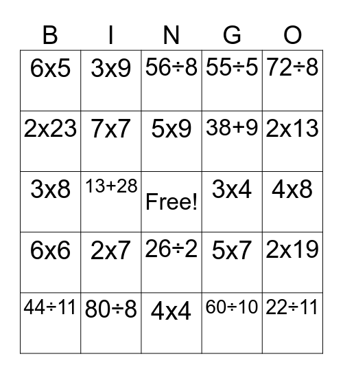 Math Level 3 Bingo Card