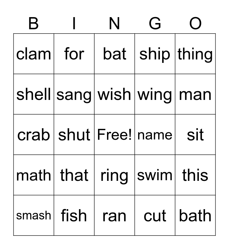 Digraphs Bingo Card