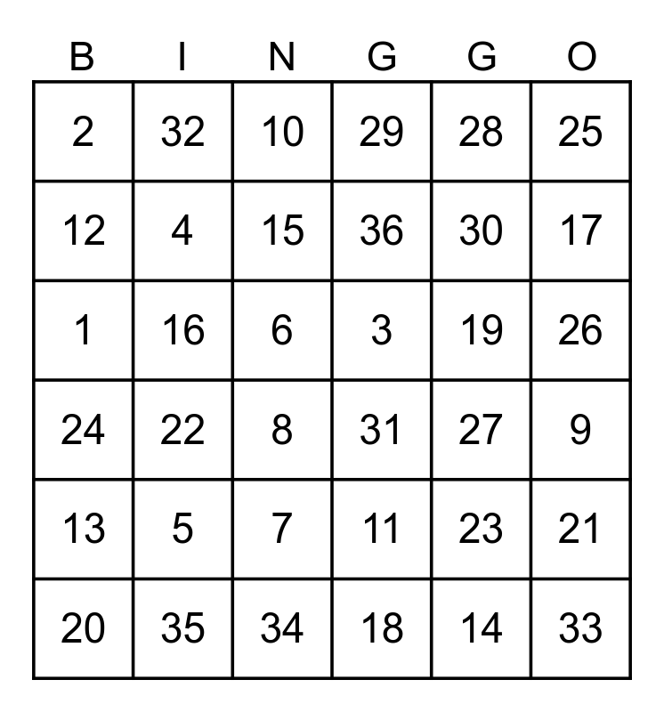 Number 1-36 Bingo Card