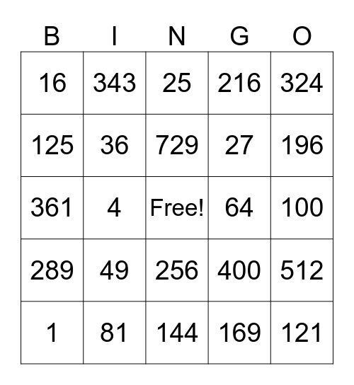 Perfect Squares and Perfect Cubes! Bingo Card