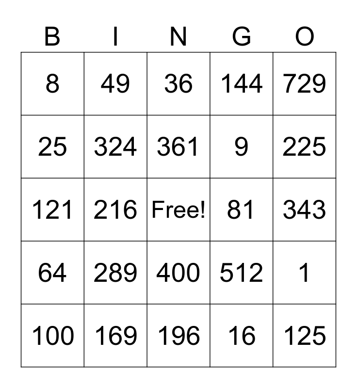 Perfect Squares and Cubes! Bingo Card
