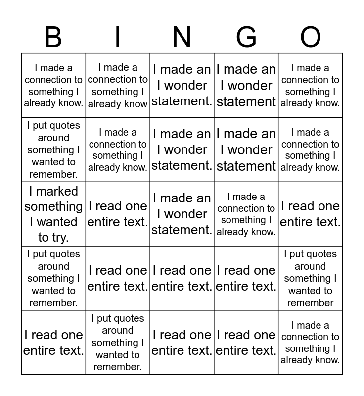 Narrative READING Bingo Card