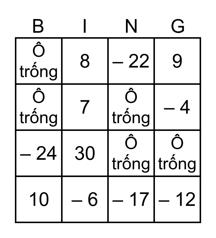 SỐ NGUYÊN Bingo Card