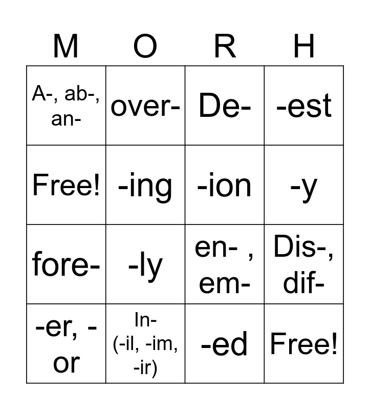 Morphology 1-3 Affixes Bingo Card