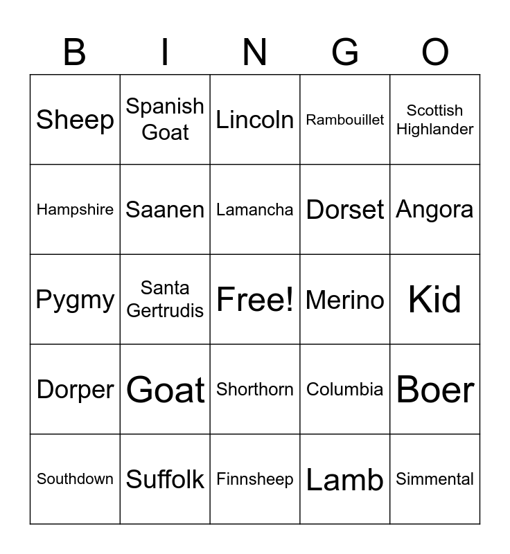 Sheep & Goat Bingo Card