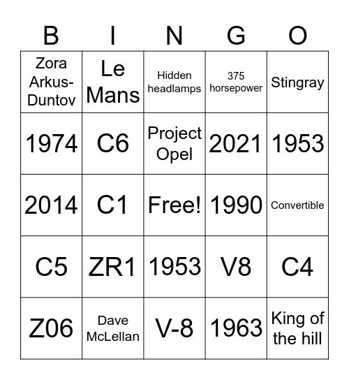 Corvette Bingo Card