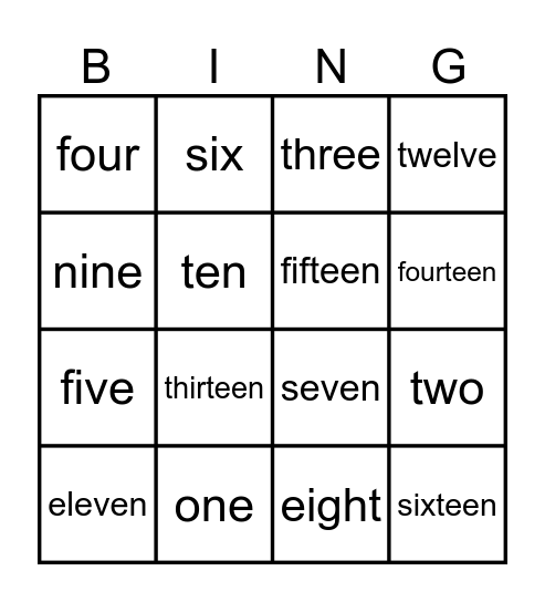 numbers 1-16 Bingo Card