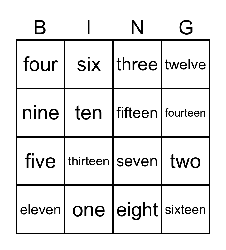 numbers 1-16 Bingo Card