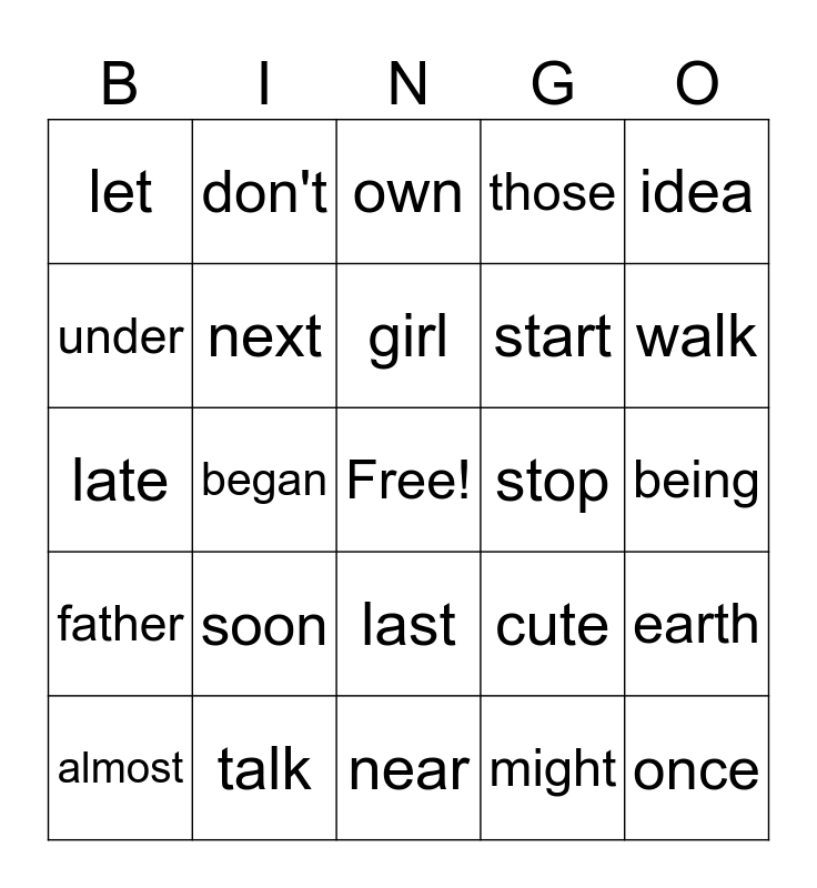Sight Words (3rd) Bingo Card