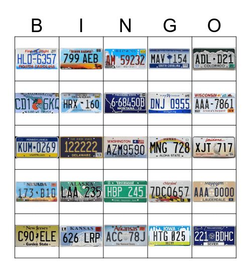 License Plates 2 Bingo Card