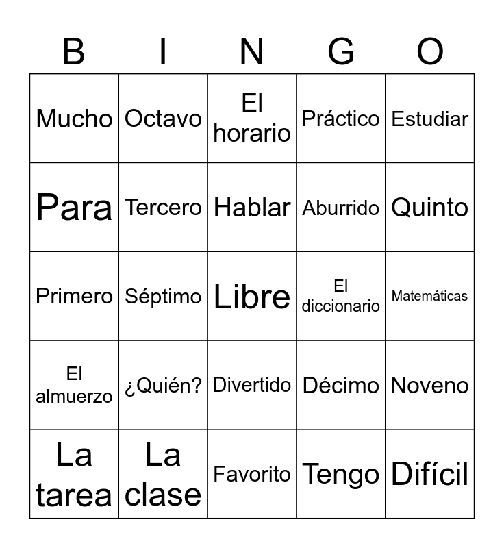 Vocabulario Cap. 2A Bingo Card
