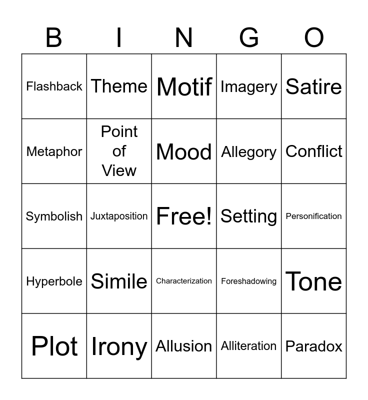 Literary Terms Bingo Card