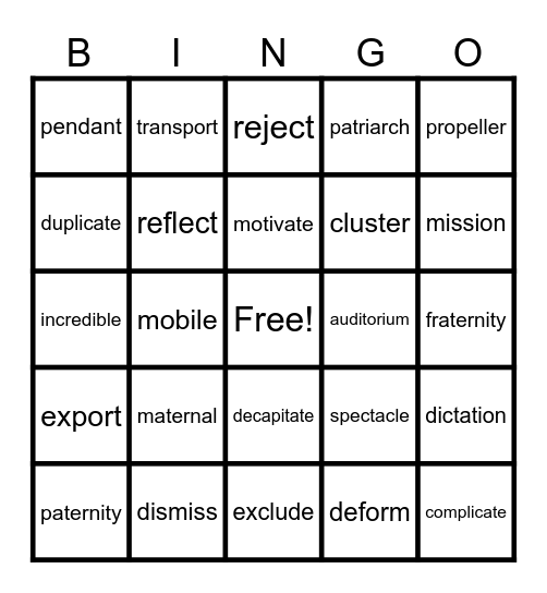Root Word Bingo Card