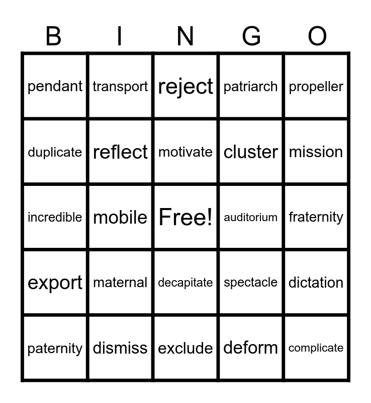 Root Word Bingo Card