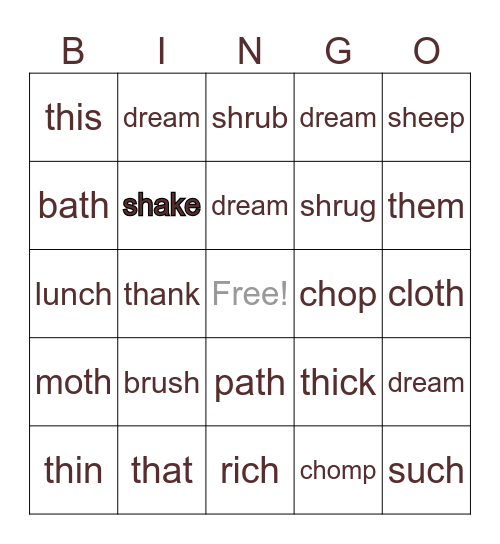 TH, SH, and CH Bingo Card