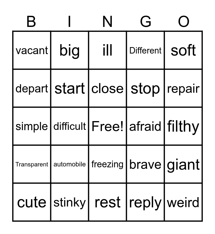 Synonyms and Antonyms Bingo Card